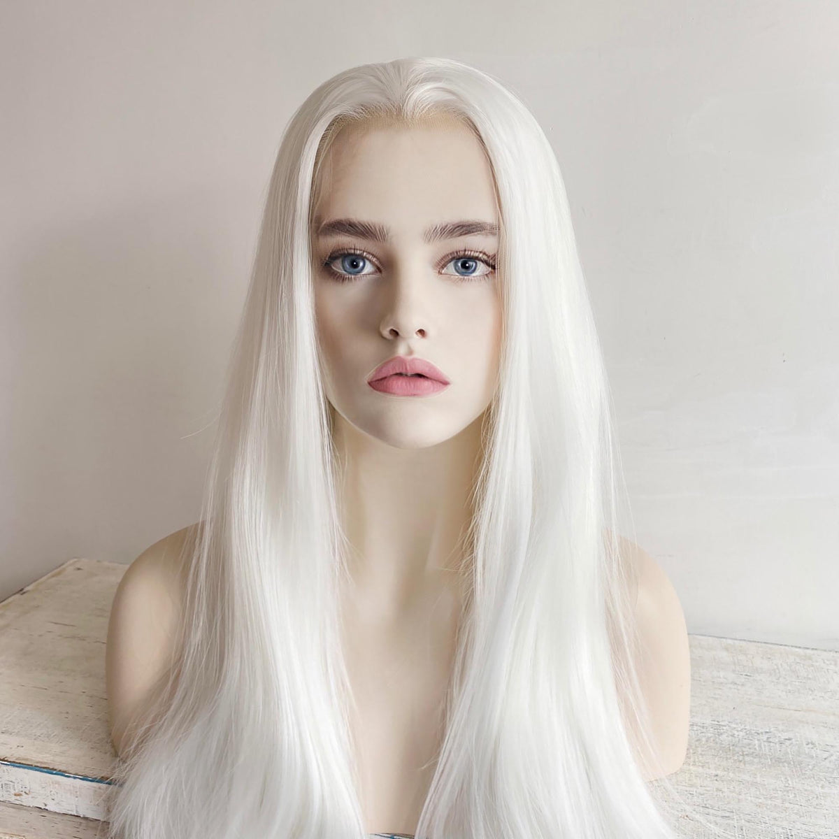 Women White Lace Front Long Straight Widow Peak Hairline Wig ...