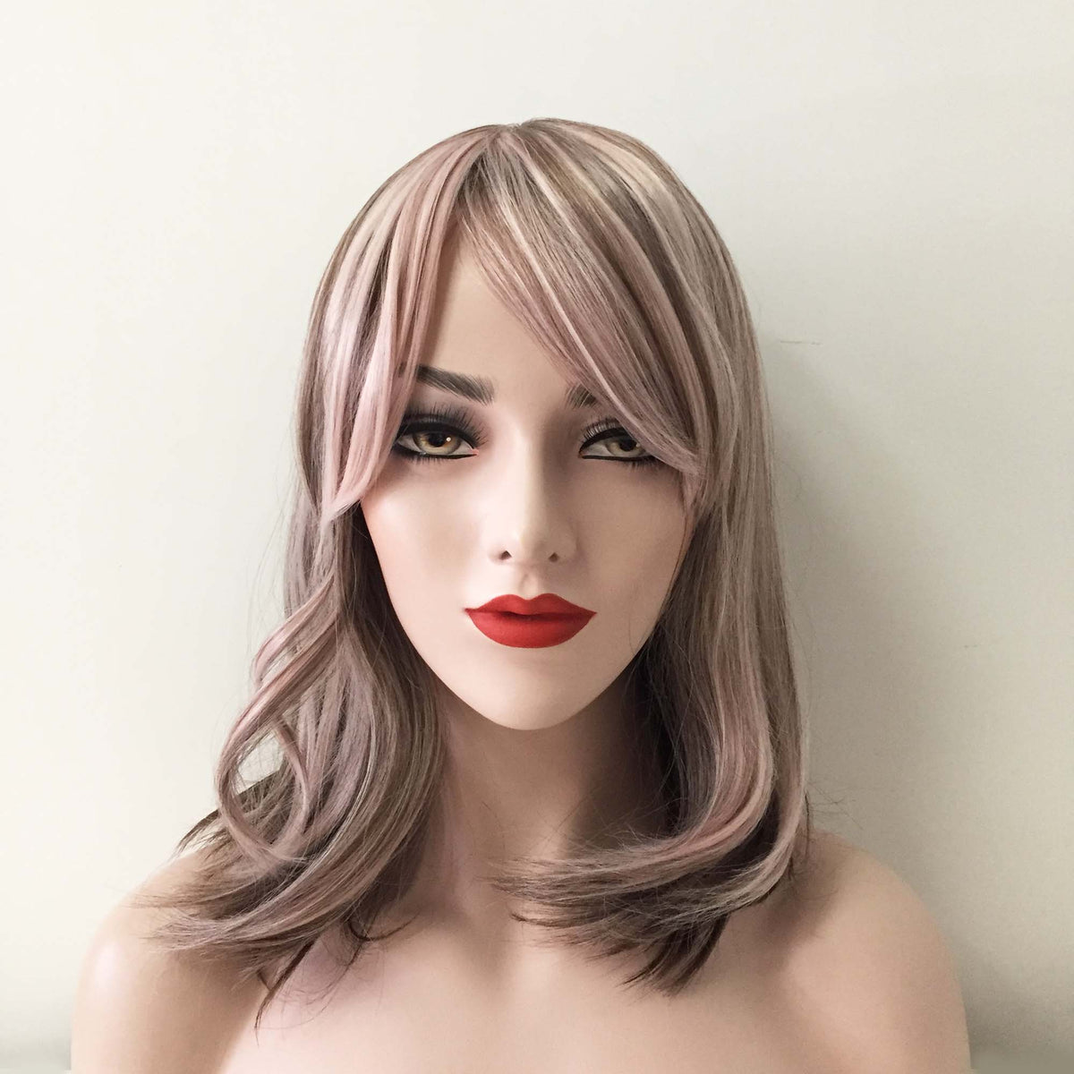 Women Dark Pink Brown Medium Length Straight Fringe Bangs Wig ...